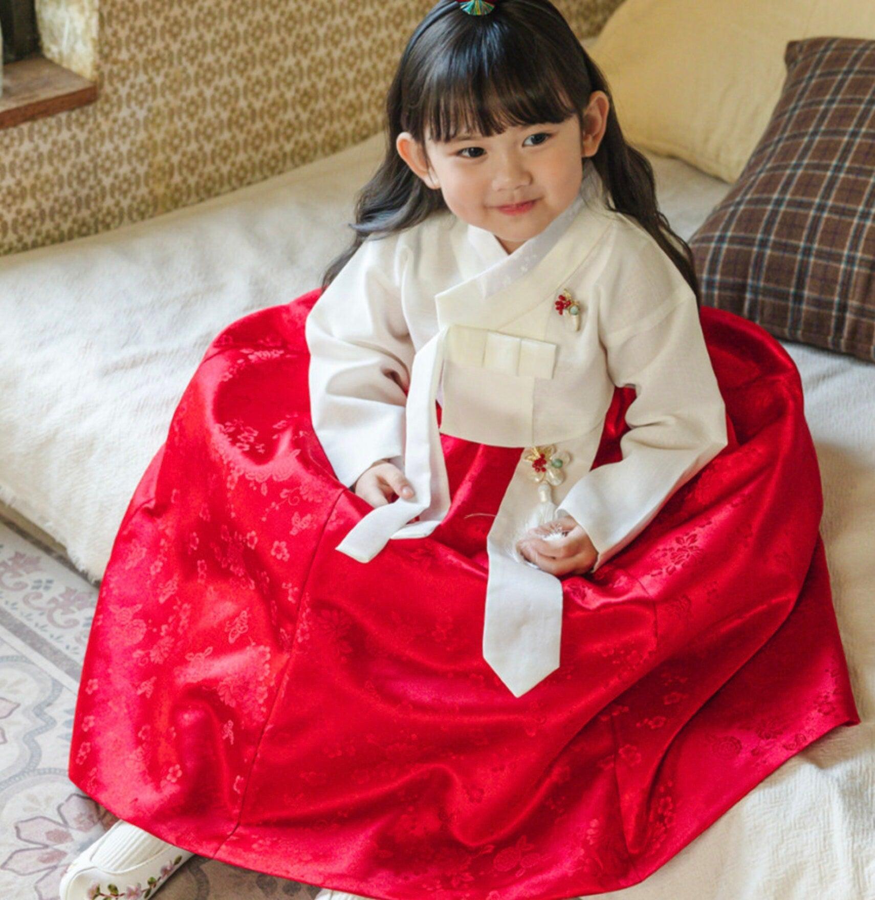 Heejin Ivory Red Girl Hanbok | Baekil Dol Hanbok