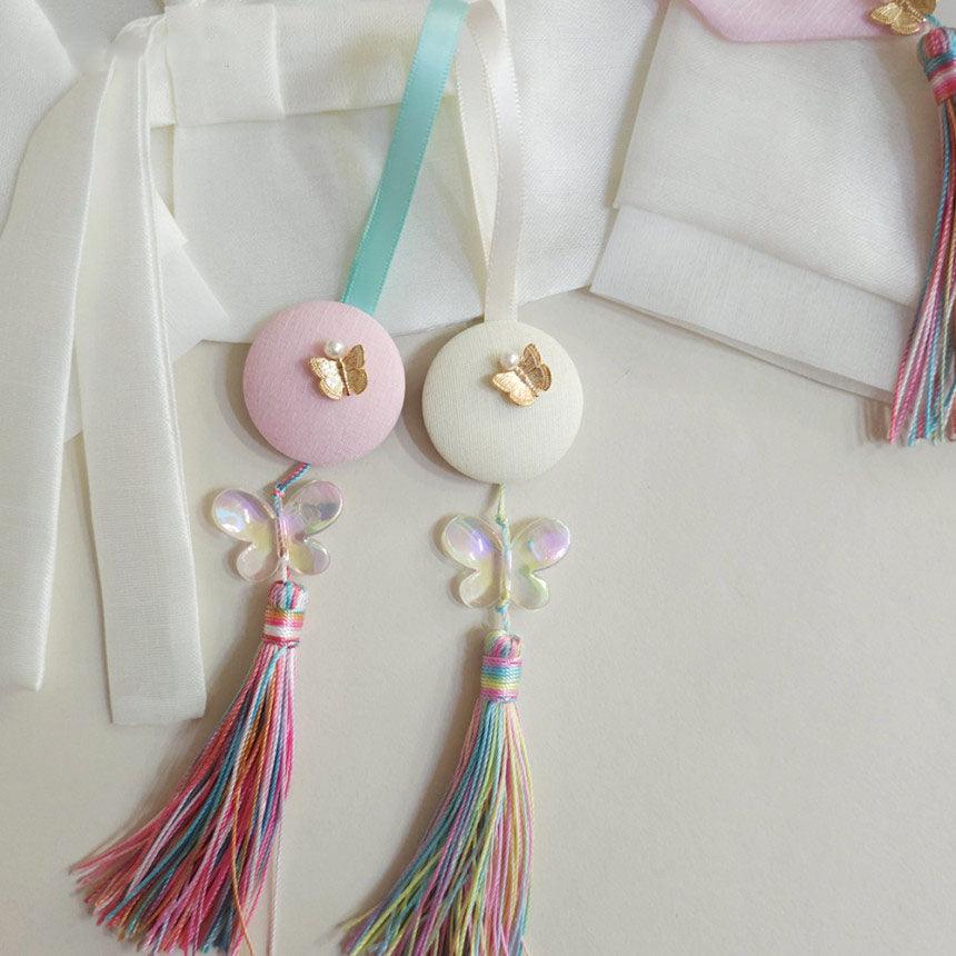 Pastel Butterfly Button Norigae – Korean Hanbok Accessory for Kids