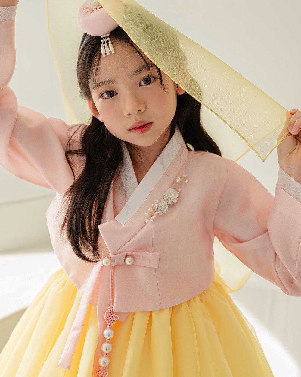 Yumin Flared Yellow Girl Hanbok | Elegant Dol Hanbok